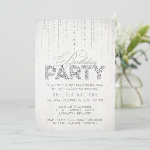 Elegant Silver Glitter Birthday Party Invitation | Zazzle