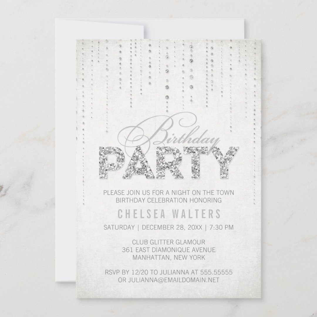 Elegant Silver Glitter Birthday Party Invitation | Zazzle