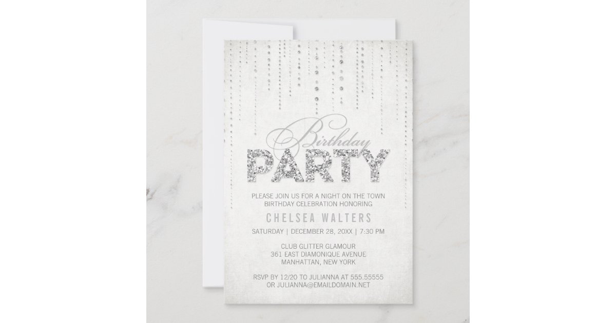 Elegant Silver Glitter Birthday Party Invitation | Zazzle