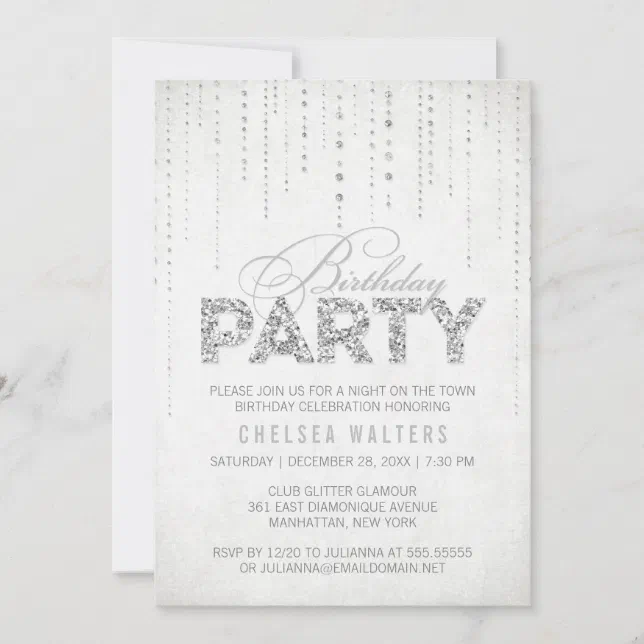Elegant Silver Glitter Birthday Party Invitation | Zazzle