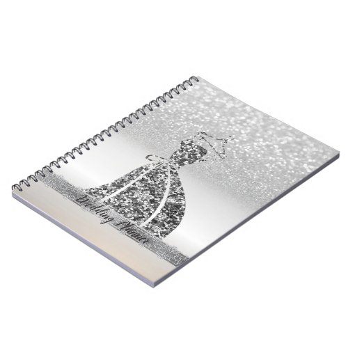 Elegant Silver Glitter Bokeh, Dress, Lace Notebook | Zazzle