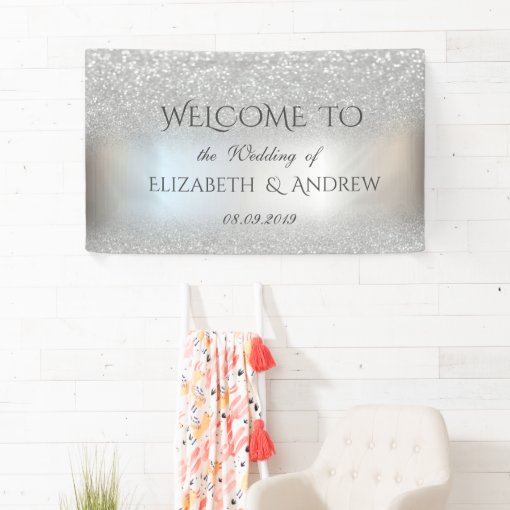 Elegant Silver Glitter Bokeh Wedding Banner | Zazzle