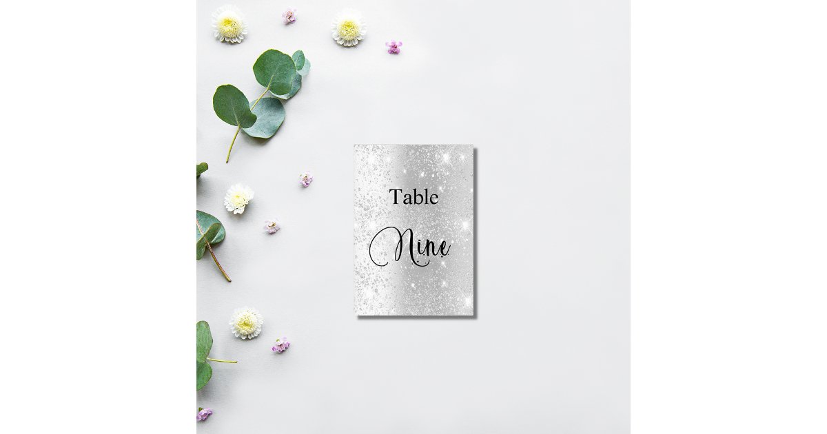 Elegant silver glitter calligraphy table nine 9 table number | Zazzle