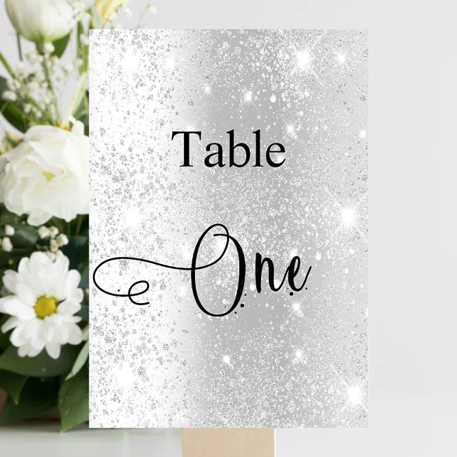 Elegant silver glitter calligraphy table one table number | Zazzle