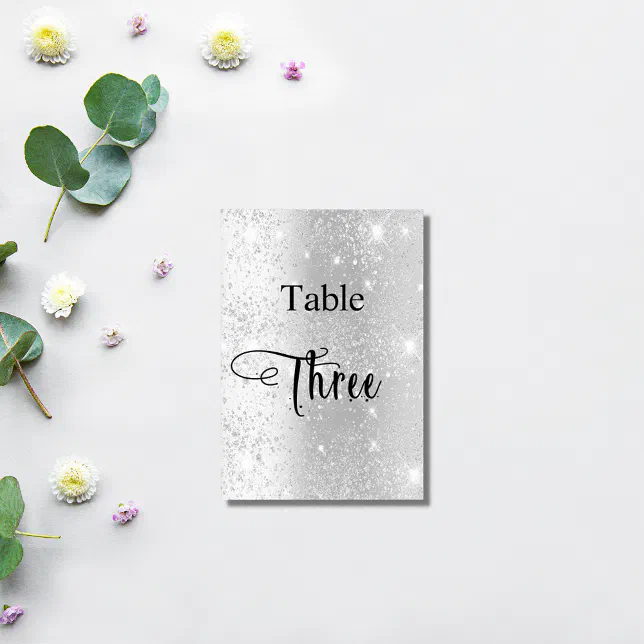 Elegant silver glitter calligraphy table three 3 table number | Zazzle
