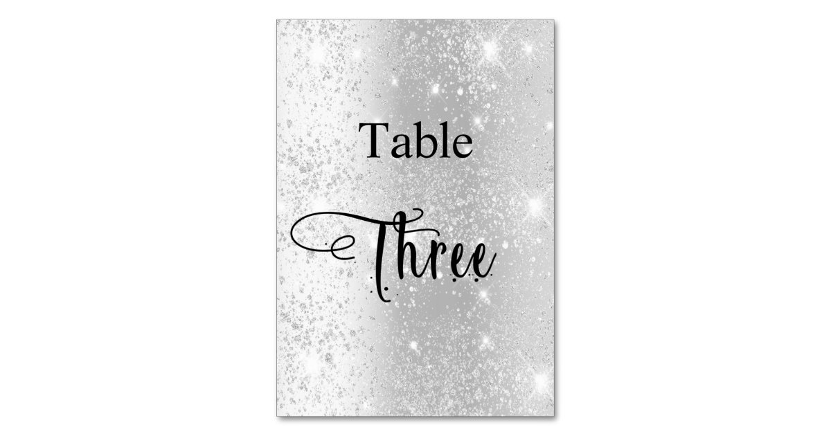 Elegant silver glitter calligraphy table three 3 table number | Zazzle