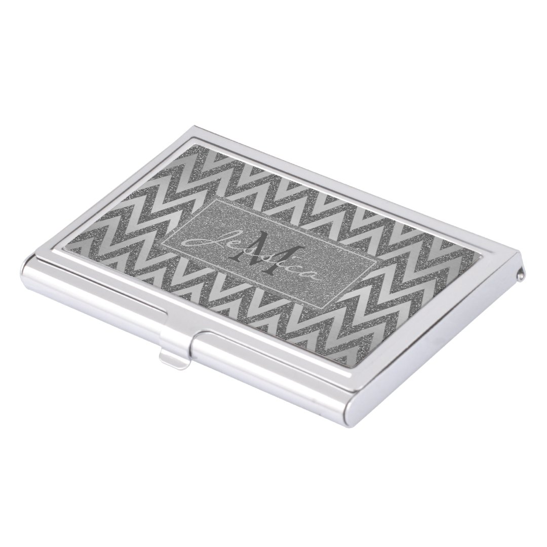 Elegant Silver Glitter Chevron Personalised Business Card Case | Zazzle