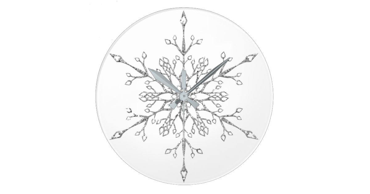 Elegant Silver Glitter Christmas Snowflake Holiday Large Clock | Zazzle.com
