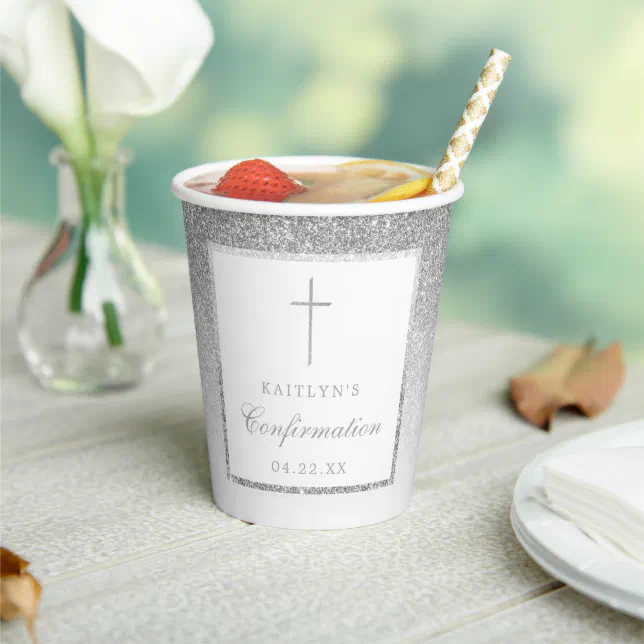 Elegant Silver Glitter Confirmation Or Baptism Paper Cups | Zazzle