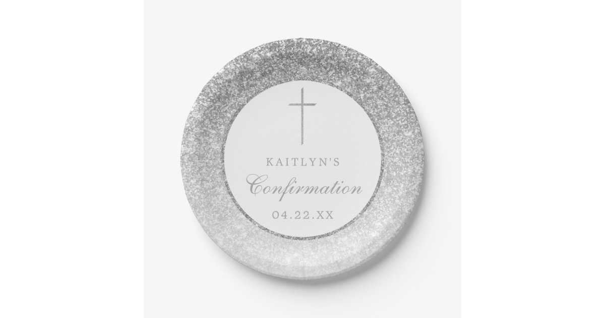 Elegant Silver Glitter Confirmation Or Baptism Paper Plates | Zazzle