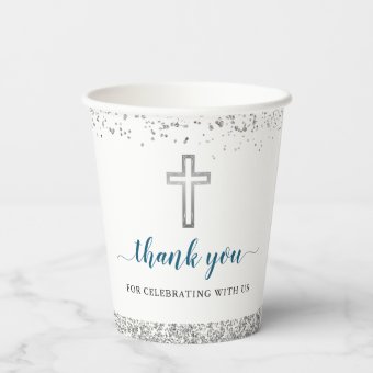 Elegant Silver Glitter Cross First Holy Communion Paper Cups | Zazzle