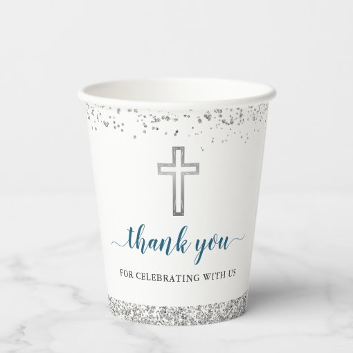 Elegant Silver Glitter Cross First Holy Communion Paper Cups | Zazzle