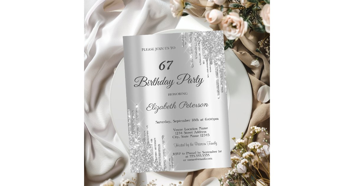 Elegant Silver Glitter Drips Birthday Party Invitation | Zazzle
