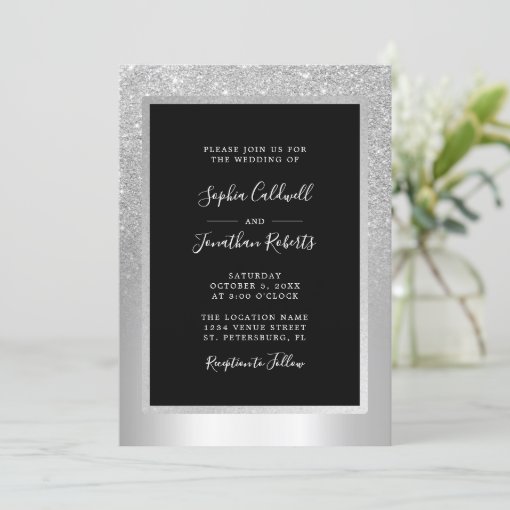 Elegant Silver Glitter Foil All in One Wedding Invitation | Zazzle