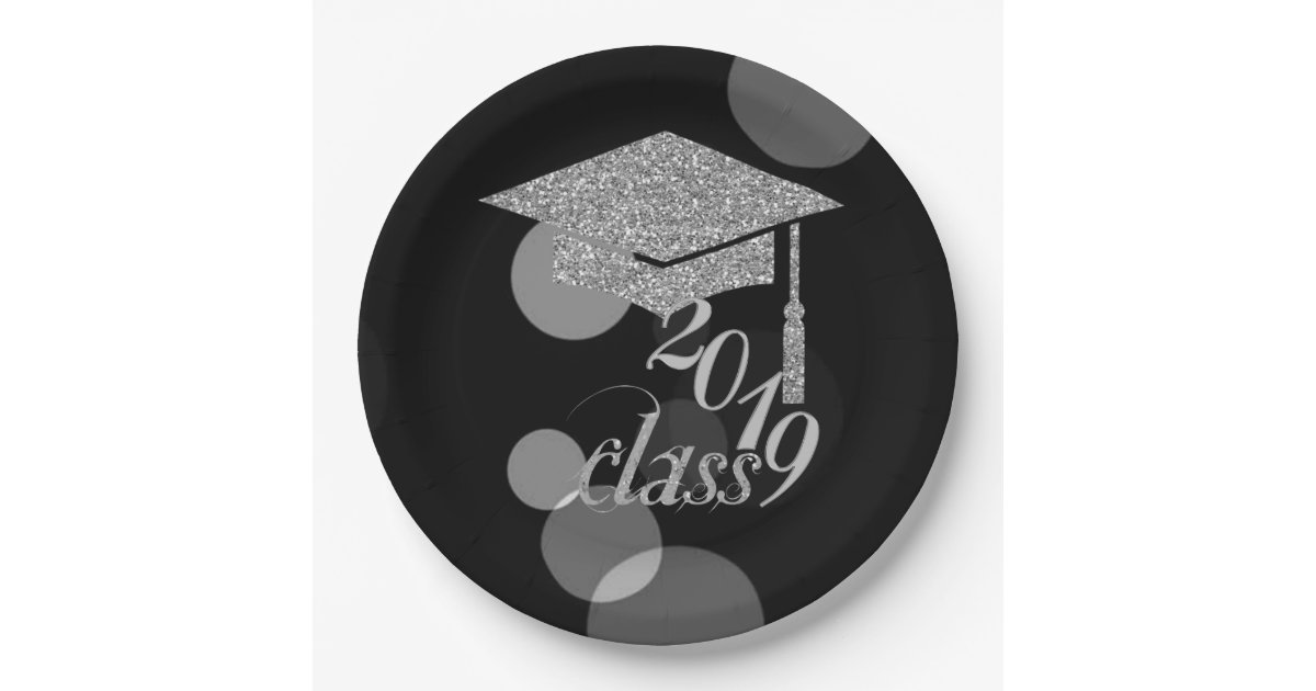Elegant Silver Glitter Graduation Cap, Class 2019 Paper Plates | Zazzle