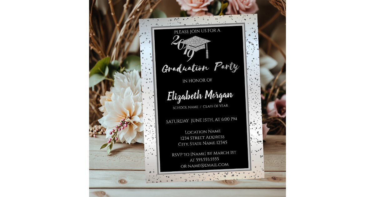 Elegant Silver Glitter Graduation Cap,Confetti Invitation | Zazzle