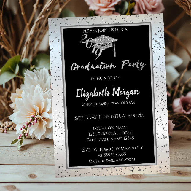 Elegant Silver Glitter Graduation Cap,Confetti Invitation | Zazzle