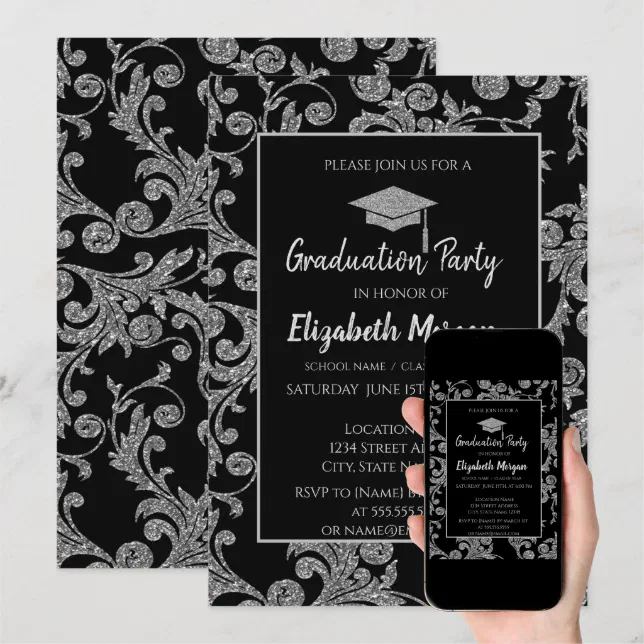 Elegant Silver Glitter Graduation Cap,Swirls Invitation | Zazzle