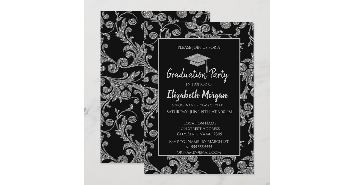 Elegant Silver Glitter Graduation Cap,Swirls Invitation | Zazzle