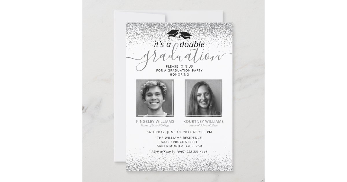 Elegant Silver Glitter Joint Graduation Photo Invitation | Zazzle