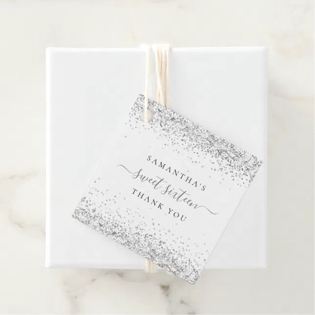 Elegant Silver Glitter Name Sweet Sixteen Thanks Favor Tags | Zazzle
