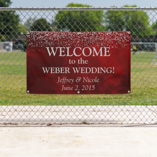 Elegant Silver Glitter on Red Wedding Banner | Zazzle