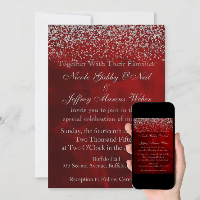 Elegant Silver Glitter on Red Wedding Invitation | Zazzle