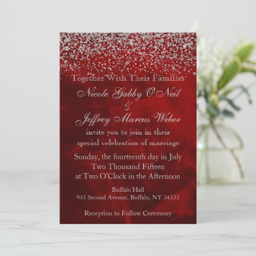 Elegant Silver Glitter on Red Wedding Invitation | Zazzle
