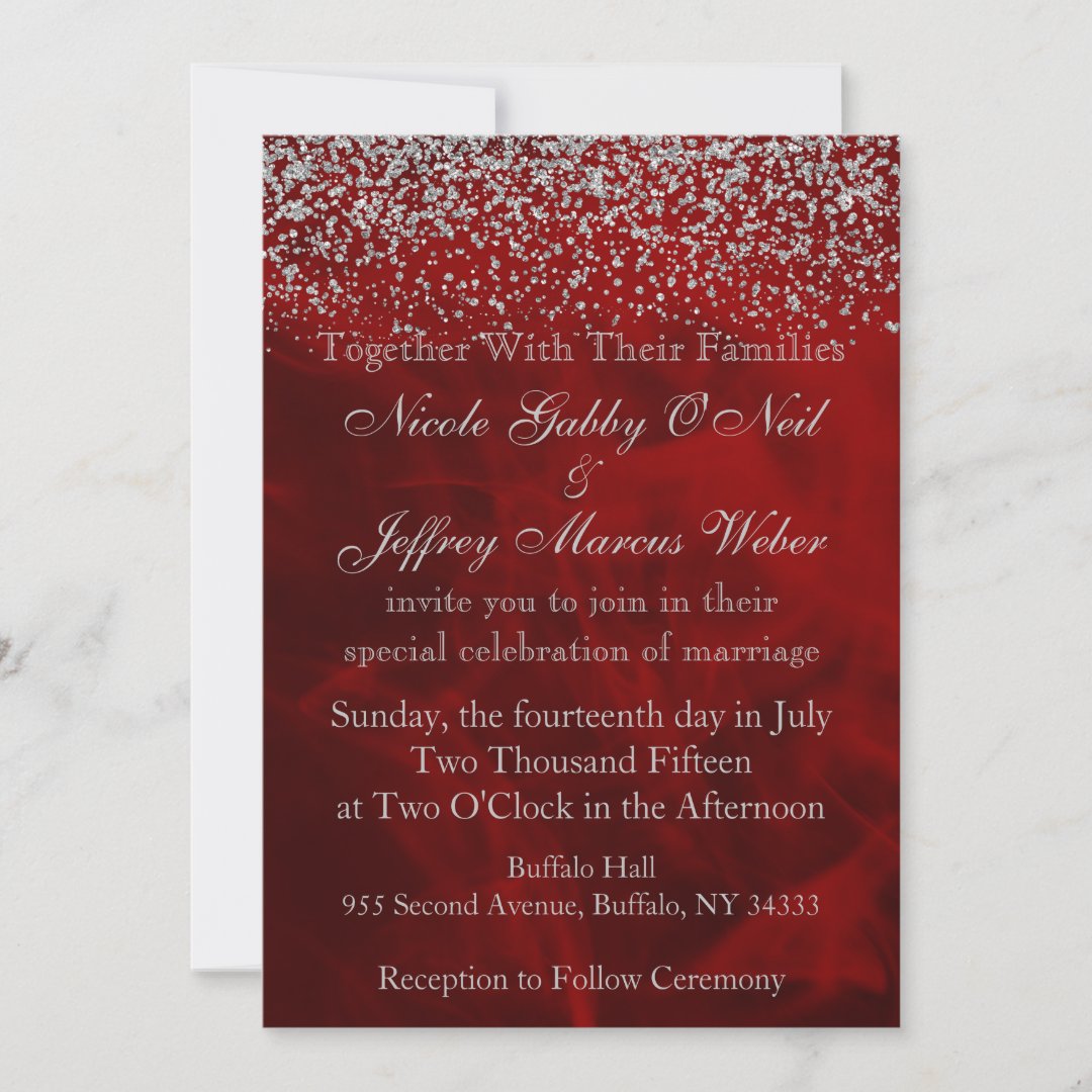 Elegant Silver Glitter on Red Wedding Invitation | Zazzle