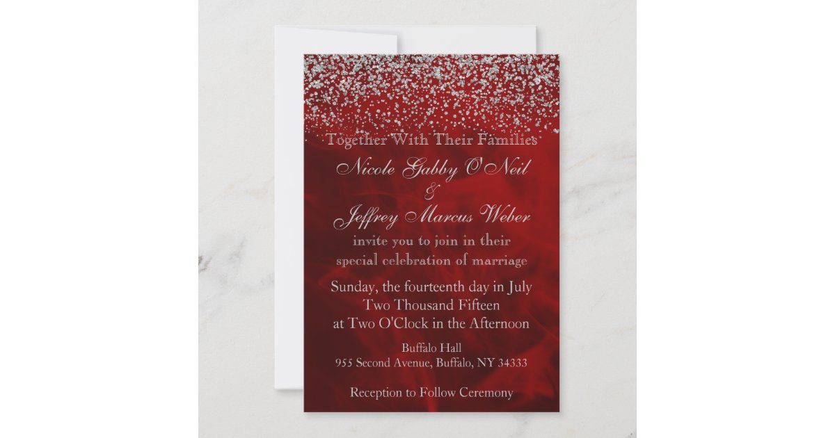 Elegant Silver Glitter on Red Wedding Invitation | Zazzle
