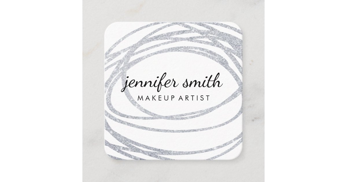 Elegant Silver Glitter Scribble Square Business Card | Zazzle