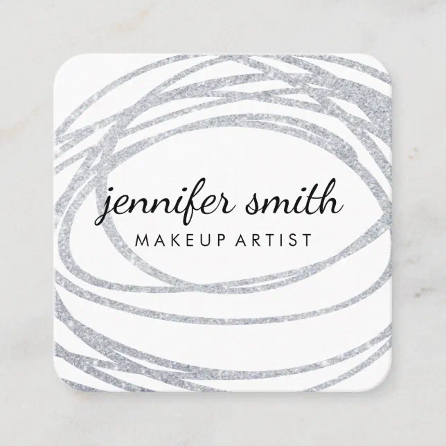 Elegant Silver Glitter Scribble Square Business Card | Zazzle
