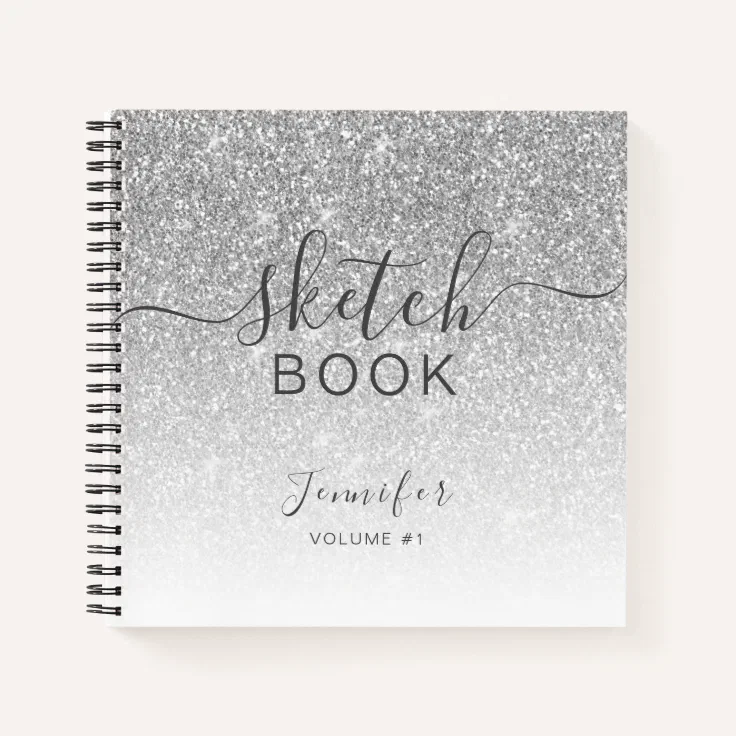 Elegant Silver Glitter Sketchbook Name Script Notebook | Zazzle