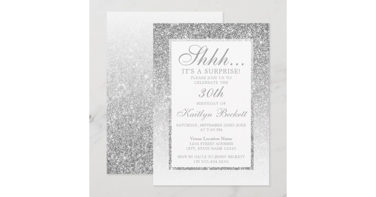 Elegant Silver Glitter Surprise Birthday Party Invitation | Zazzle