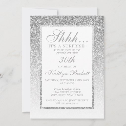 Elegant Silver Glitter Surprise Birthday Party Invitation | Zazzle
