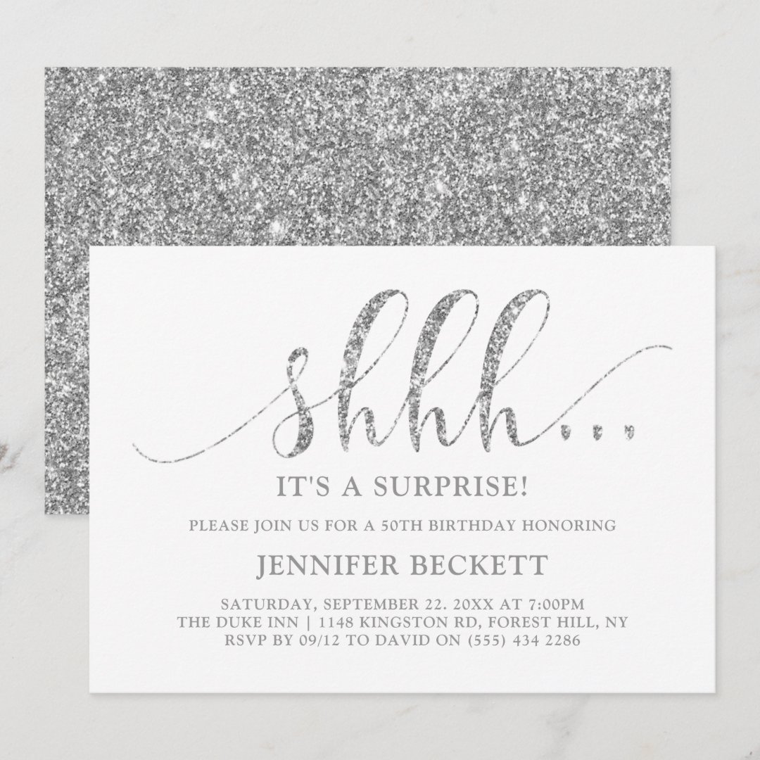 Elegant Silver Glitter Surprise Birthday Party Invitation | Zazzle