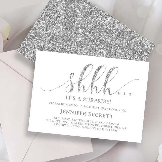 Elegant Silver Glitter Surprise Birthday Party Invitation | Zazzle