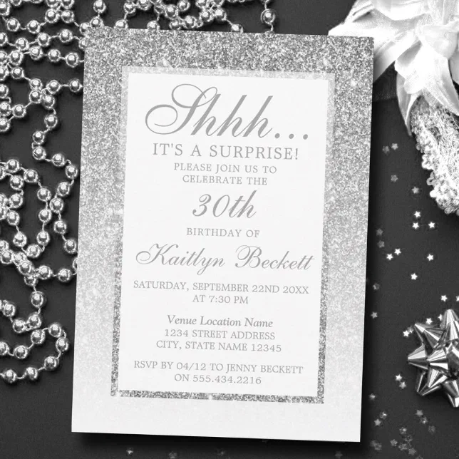Elegant Silver Glitter Surprise Birthday Party Invitation | Zazzle