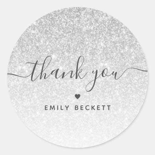 Elegant Silver Glitter Thank You Classic Round Sticker | Zazzle