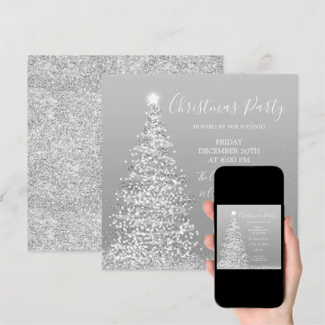 Elegant Silver Glitter Tree Christmas Party Invitation | Zazzle