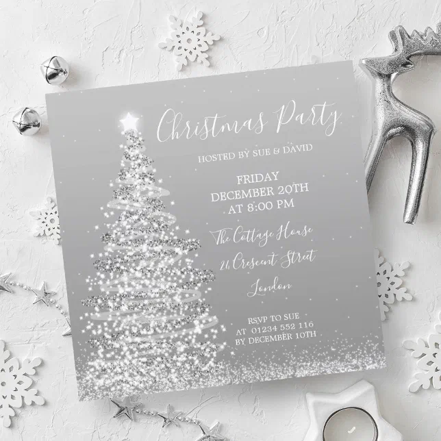 Elegant Silver Glitter Tree Christmas Party Invitation | Zazzle