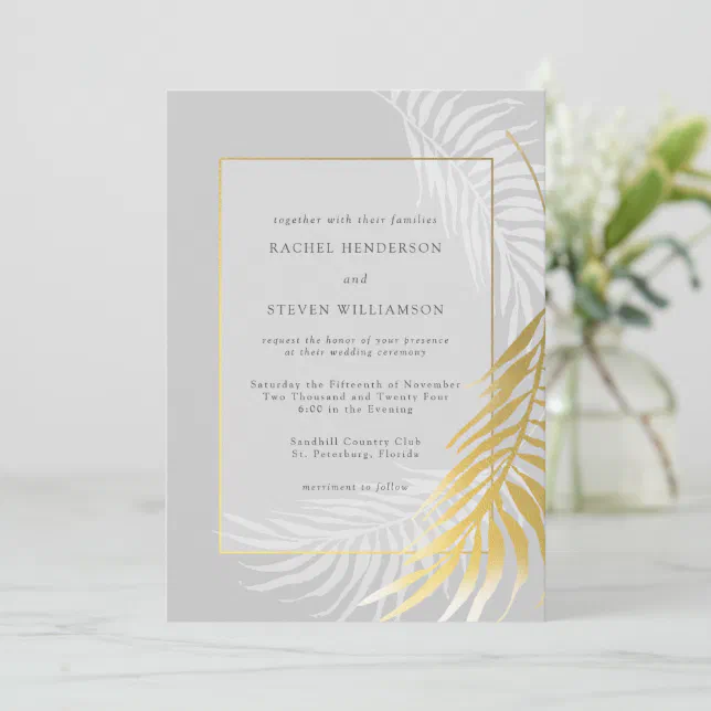 Elegant Silver Gold Wedding Tropical Greenery Invitation | Zazzle