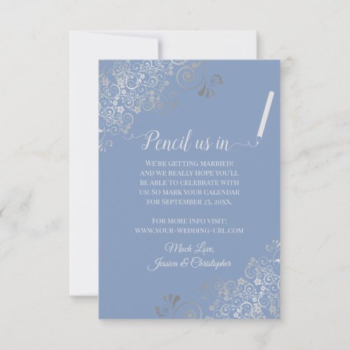 Elegant Silver Gray Lace Periwinkle Blue Wedding Save The Date | Zazzle