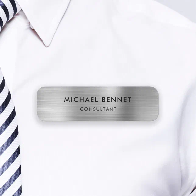 Elegant Silver Gray Metallic Professional Business Name Tag | Zazzle
