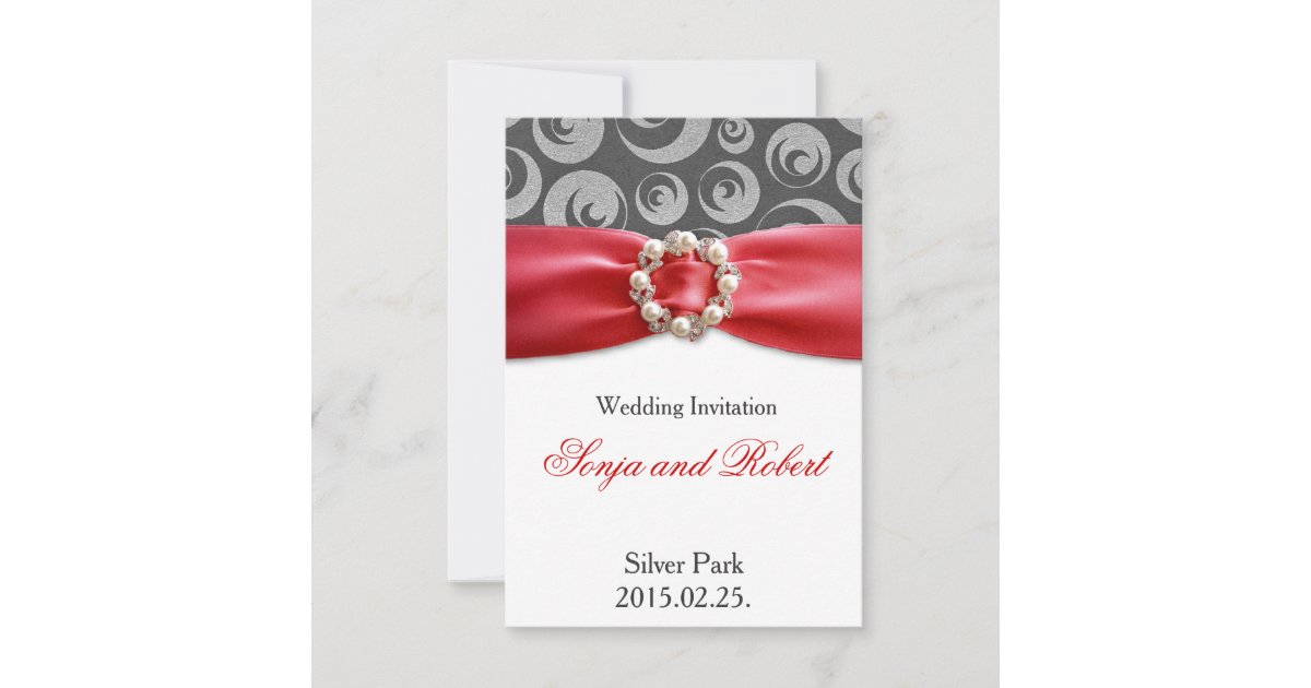 Elegant Silver Grey Red Ribbon Wedding Invitation | Zazzle