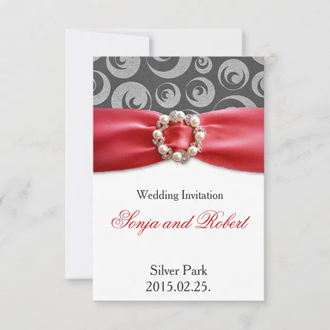 Elegant Silver Grey Red Ribbon Wedding Invitation | Zazzle