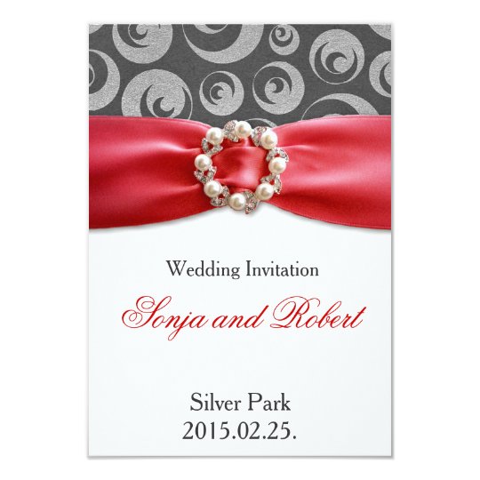 Elegant Silver Grey Red Ribbon Wedding Invitation | Zazzle.com
