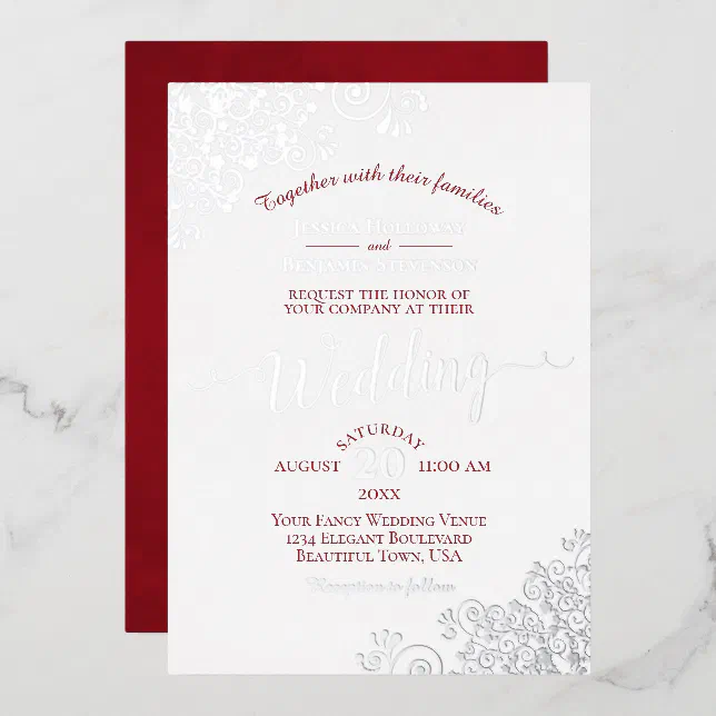 Elegant Silver Lace & Crimson Red on White Wedding Foil Invitation | Zazzle
