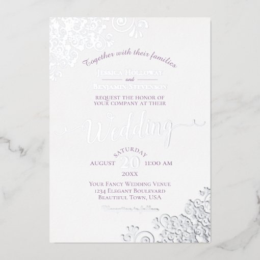 Elegant Silver Lace & Lavender on White Wedding Foil Invitation | Zazzle