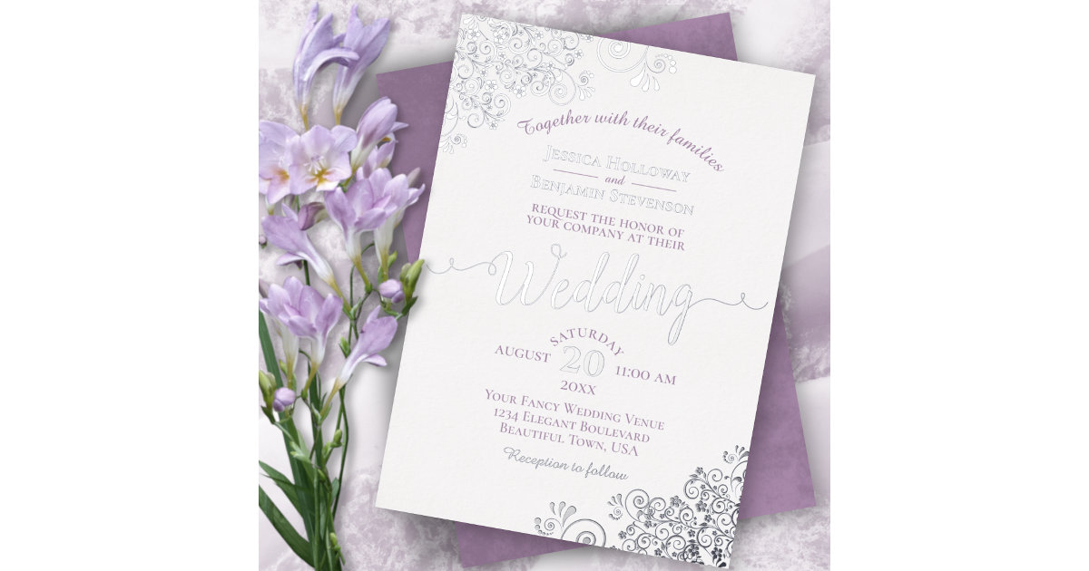 Elegant Silver Lace & Lavender on White Wedding Foil Invitation | Zazzle